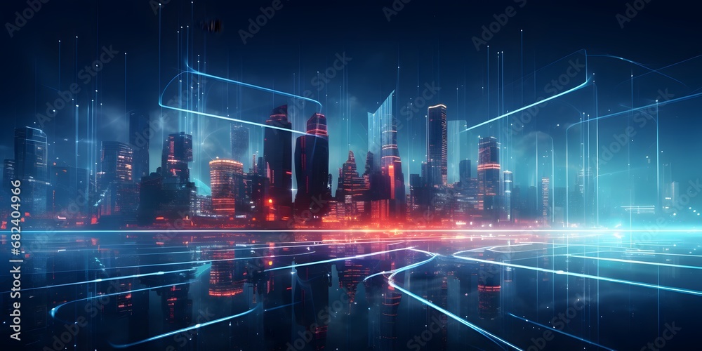 Abstract 3d city rendering with lines and digital elements ...