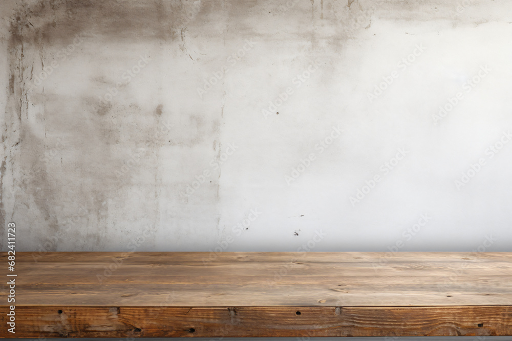 blank Wooden counter table in front of grunge white concrete background ...