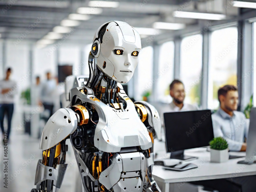 A modern robot works in a bright office with other employees, the ...