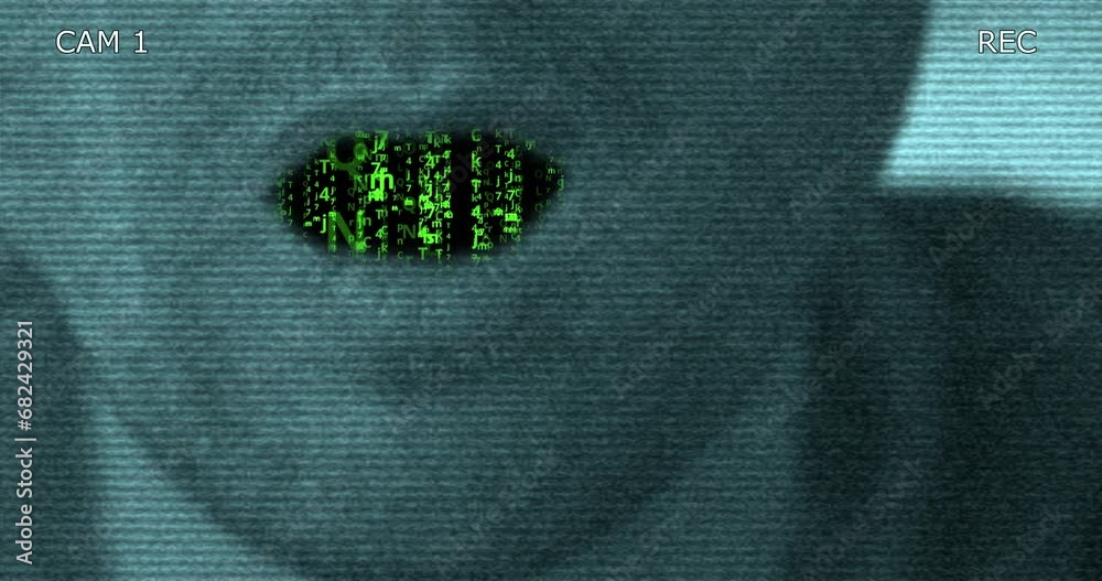 Open mouth with running green symbols, close-up, video cam filter ...