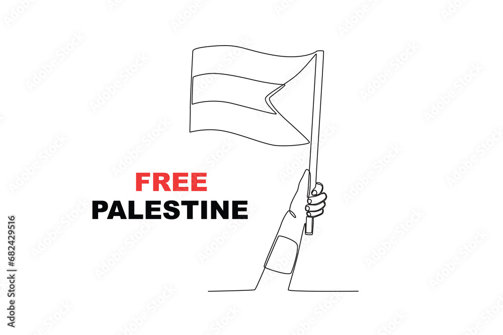 A hand-held high the Palestinian flag. Palestine solidarity one-line ...