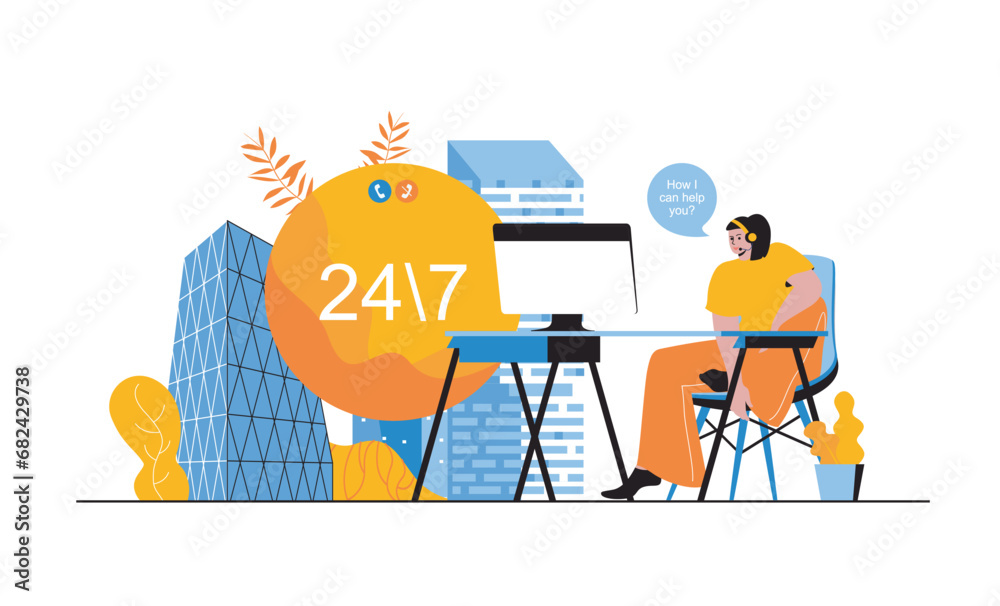 Support center web concept with people in flat cartoon design. Woman ...