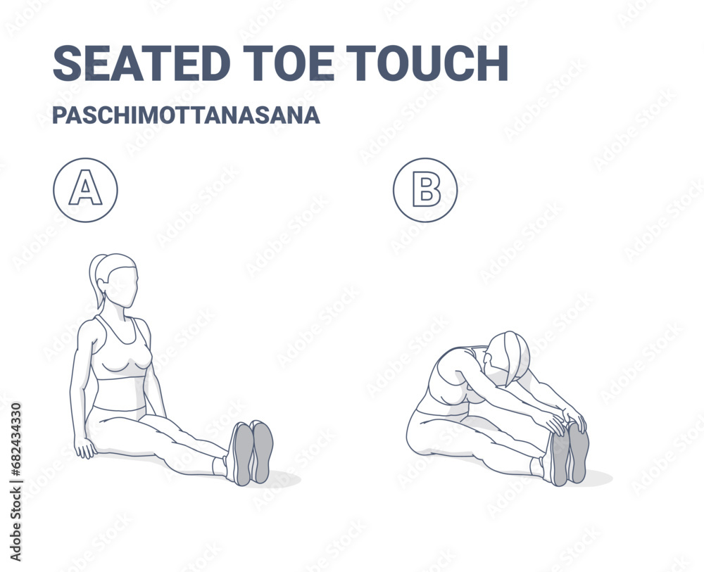 Seated Toe Touch Woman Exercise Black and White Outlined Guidance Stock ...