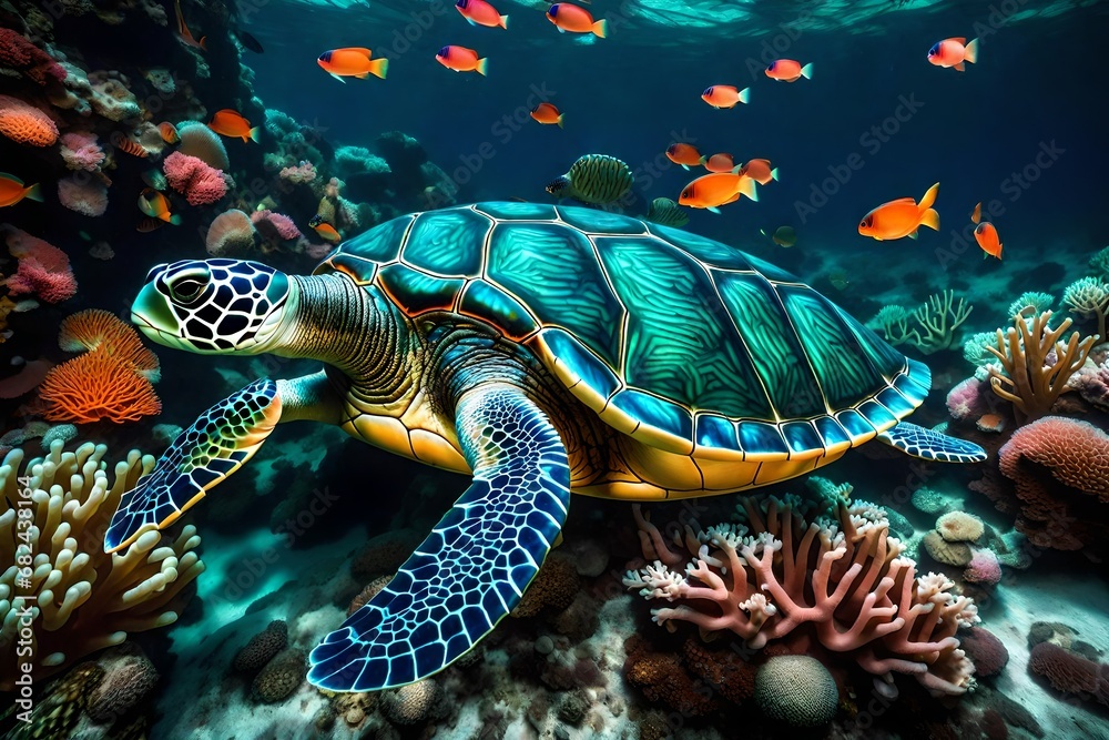With a gentle flick of its flippers, a sea turtle propels itself ...