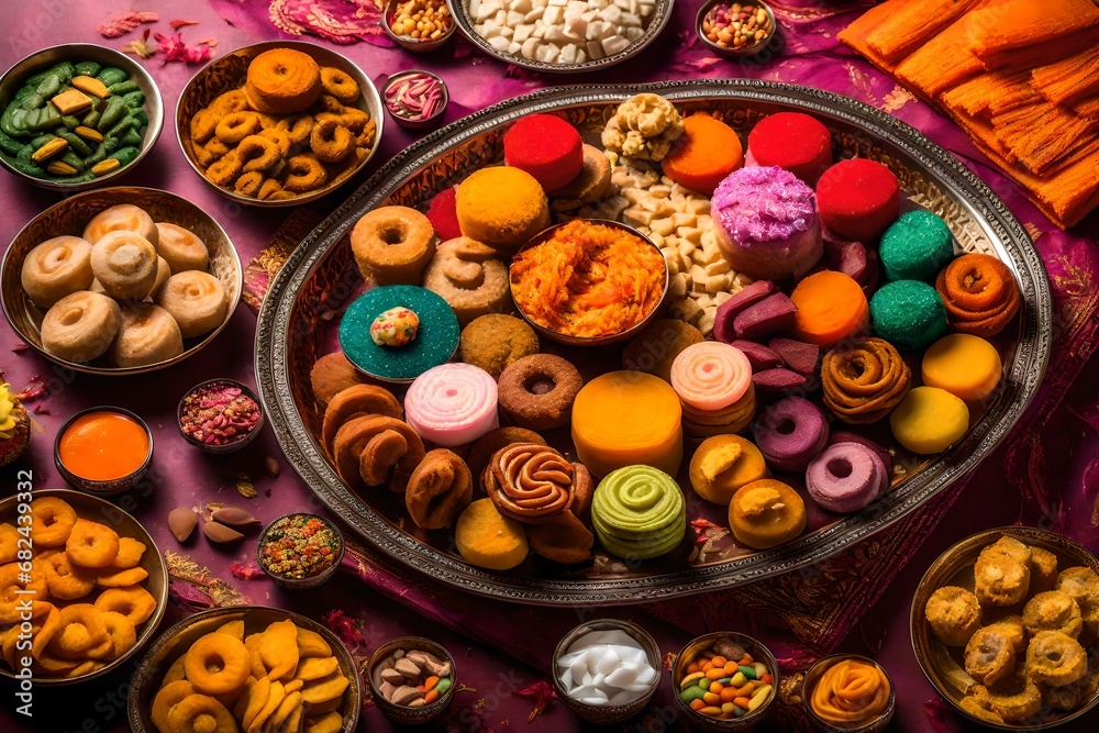 An enticing Diwali sweets spread featuring a colorful array of Mango ...