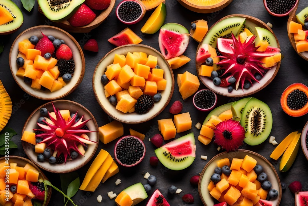An exquisite display of a tropical fruit salad with a mix of exotic ...