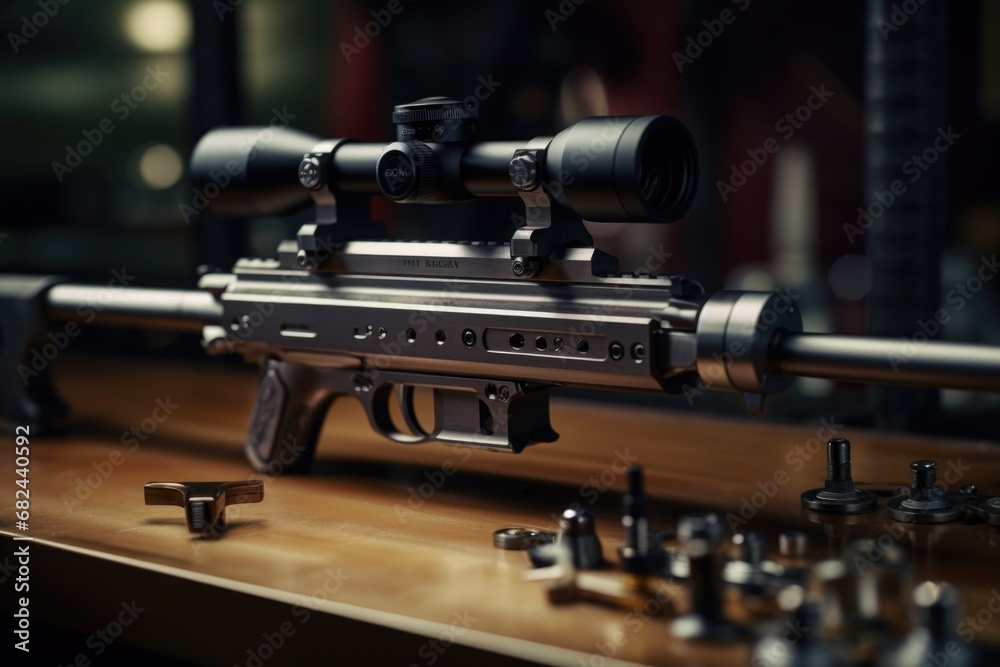 A close up photograph of a gun placed on a table. This image can be ...