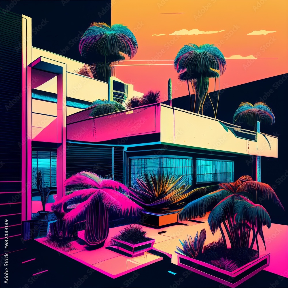 Outdoor vaporwave color illustration of an extravagant midcentury ...