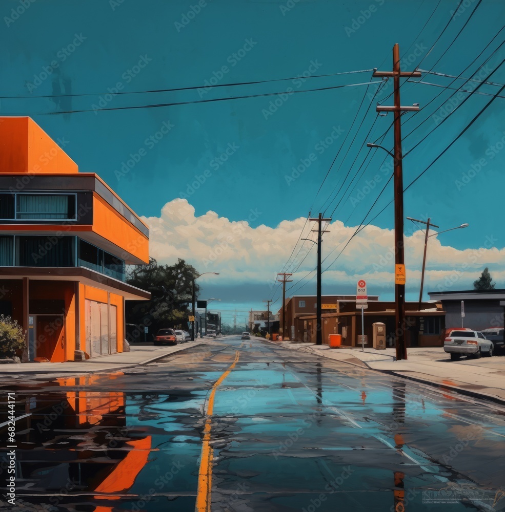 Outdoor hip level Kodachrome color illustration of an empty commercial ...