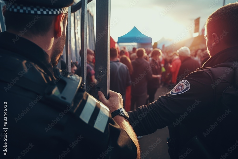A police officer standing in front of a crowd of people. This image can ...