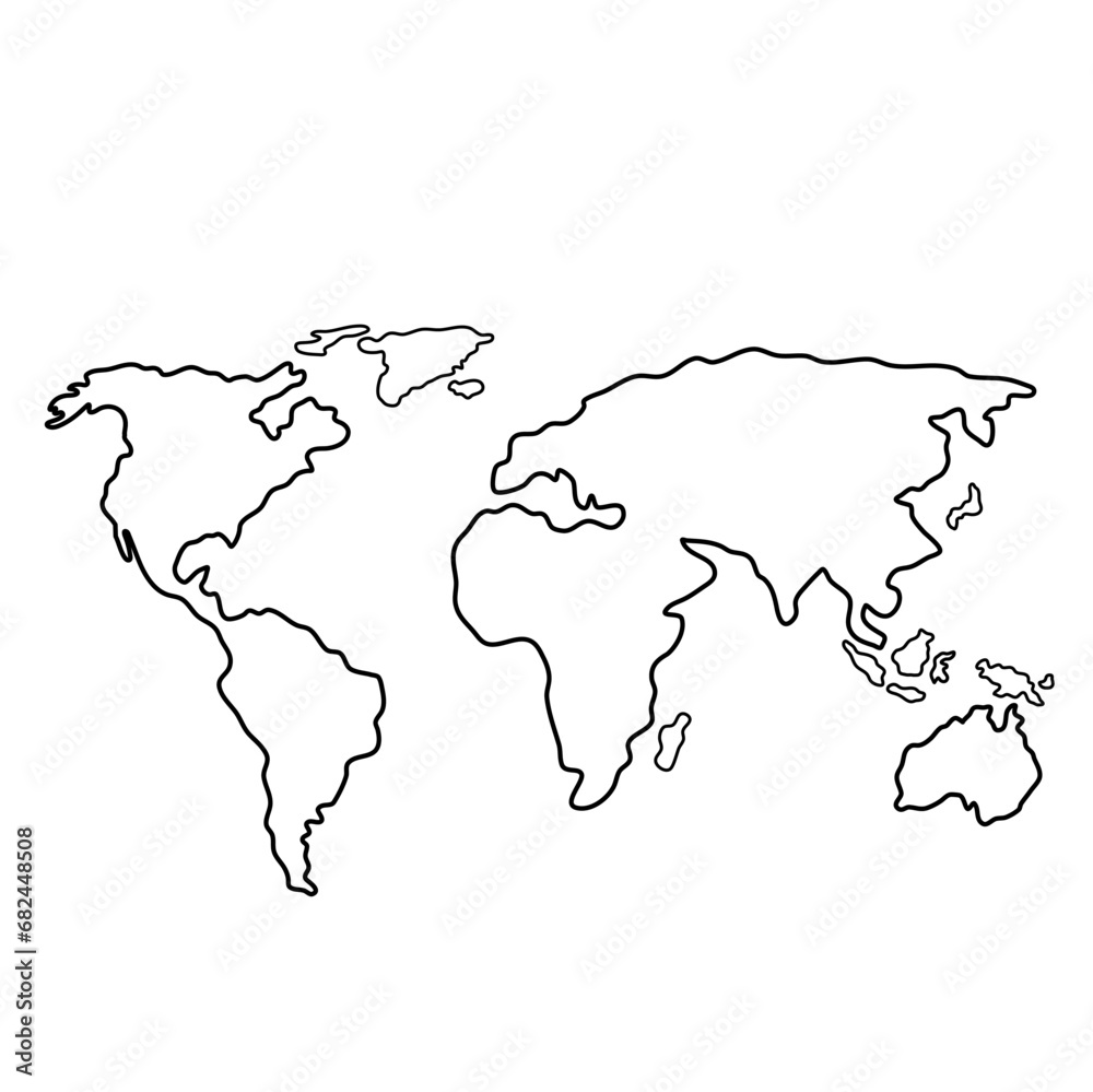 Hand Drawn Black Color World Map Continents. Silhouette Of World Map ...