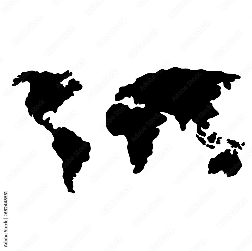 Hand Drawn Black Color World Map Continents. Silhouette Of World Map ...