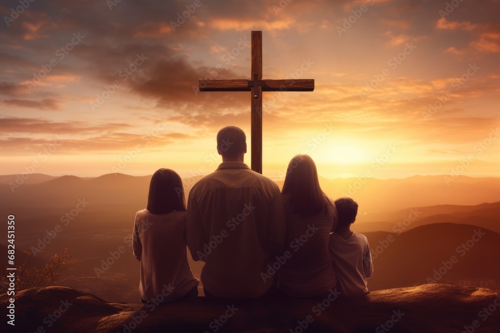 Back view of two parents standing, praying on the road with their ...