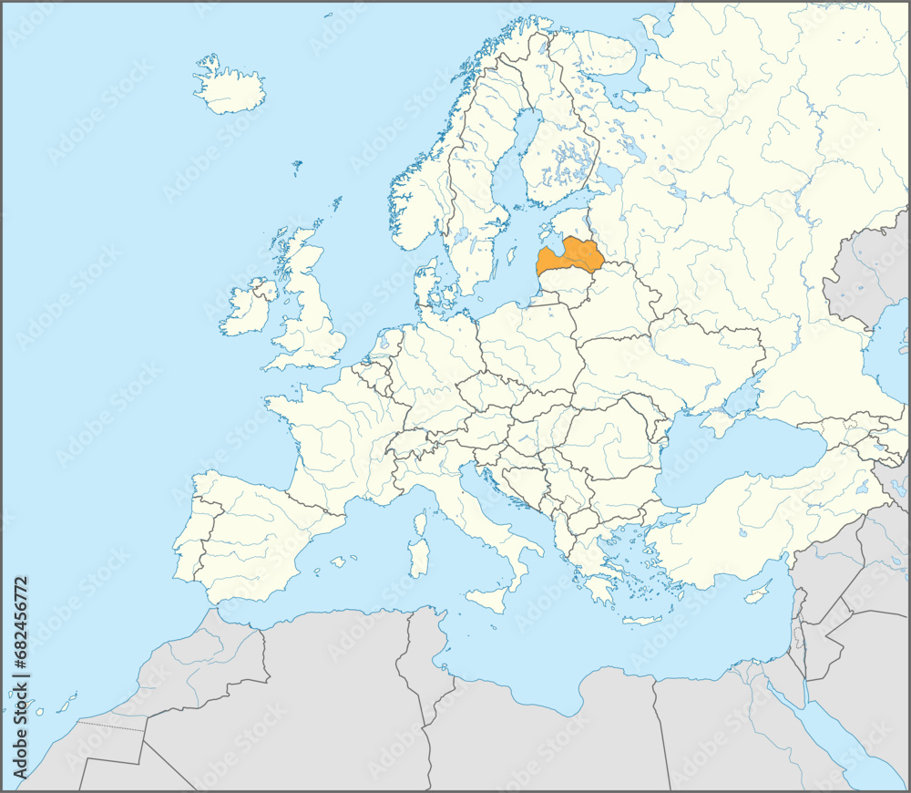 Orange CMYK national map of LATVIA inside detailed beige blank ...