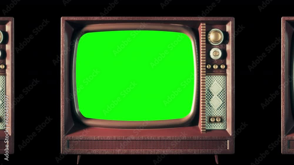 A retro vintage TV (1950s toy), showing a convex green screen, repeated ...