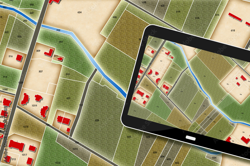 Imaginary land cadastral map of territory with rural buildings, fields ...