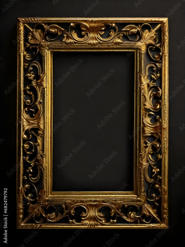 Gold vintage picture frame on black color wall background, copy space ...