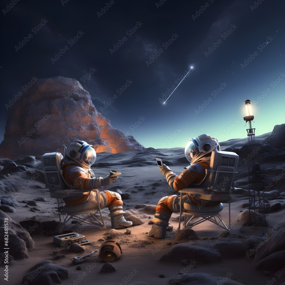 Selfie out of this world. Astronauts in futuristic, illuminated suits ...