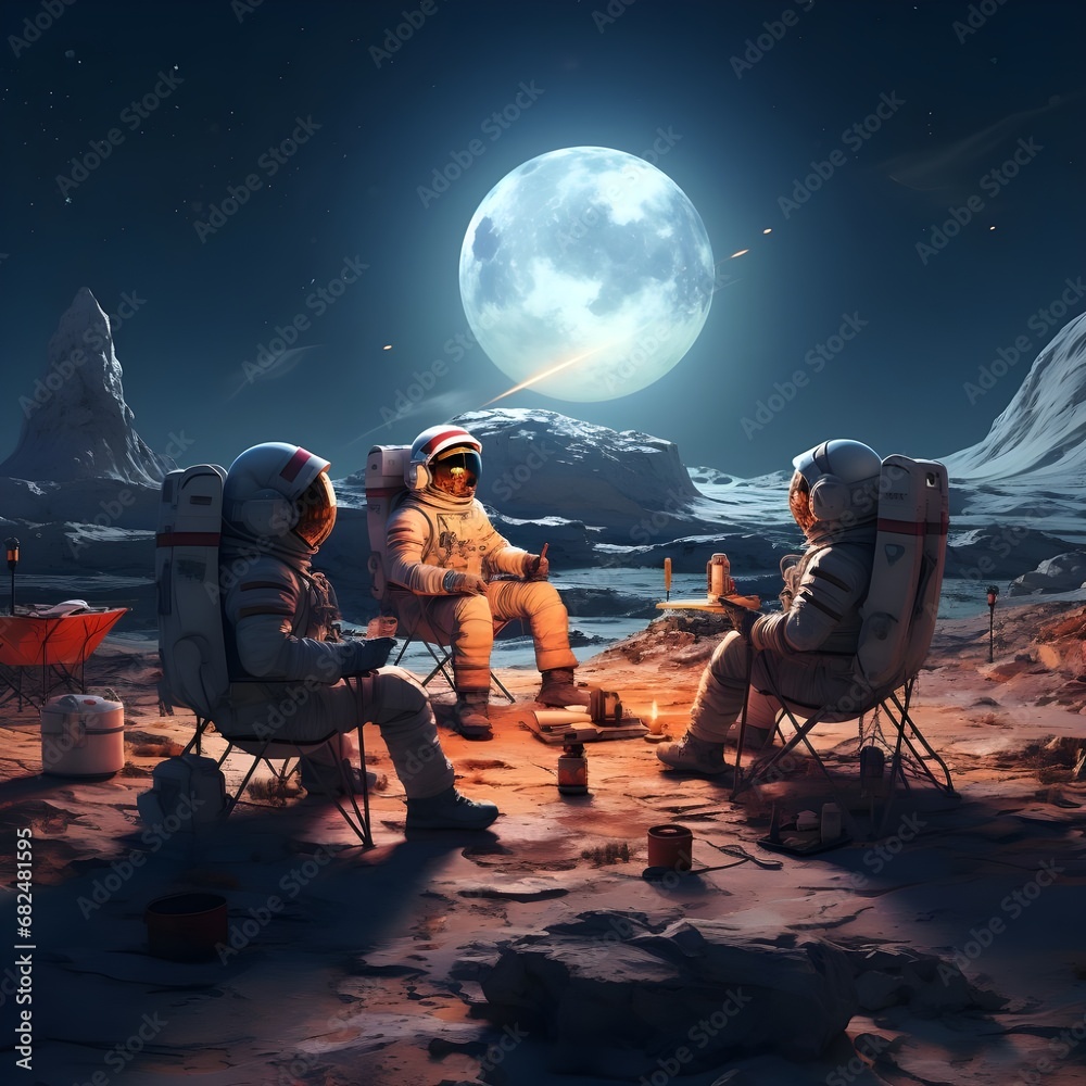 Selfie out of this world. Astronauts in futuristic, illuminated suits ...