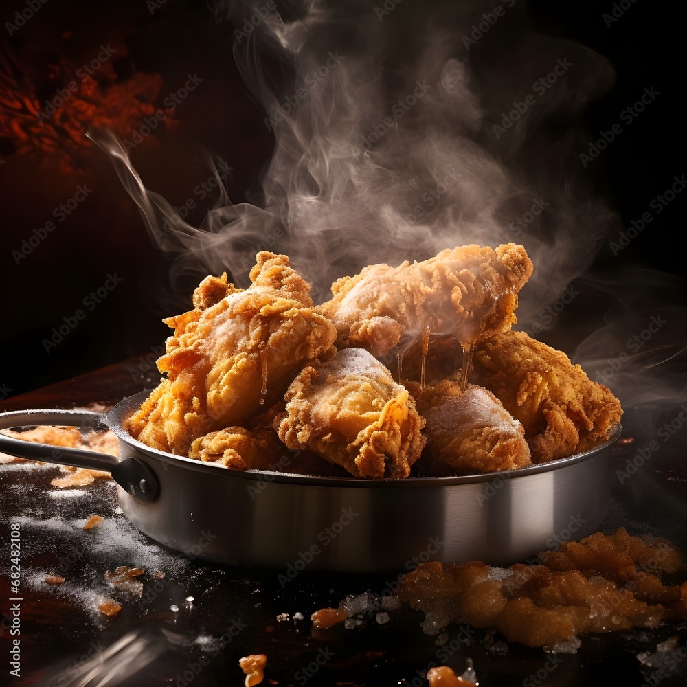 Korean style fried chicken. Fried garlic butter chicken on a dining ...