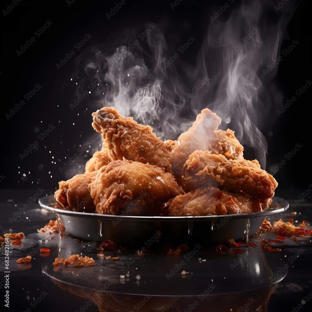 Korean style fried chicken. Fried garlic butter chicken on a dining ...