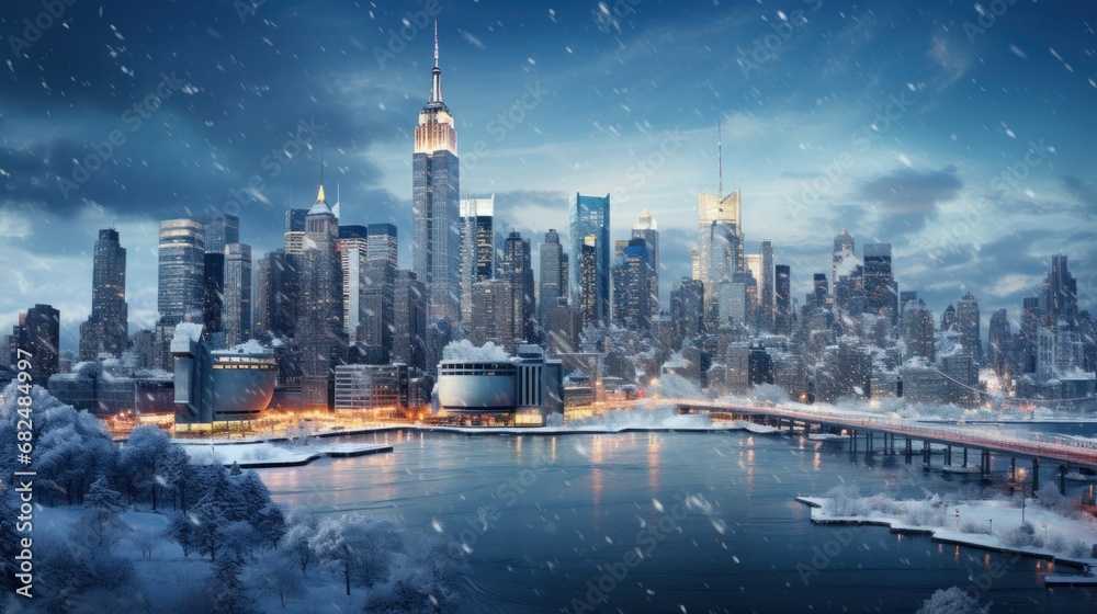 A breathtaking view capturing snowfall in New York City, showcasing the ...