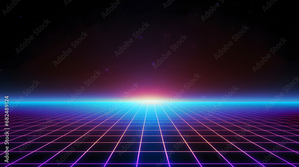 Retro technology background with squares on the ground with neon lights ...