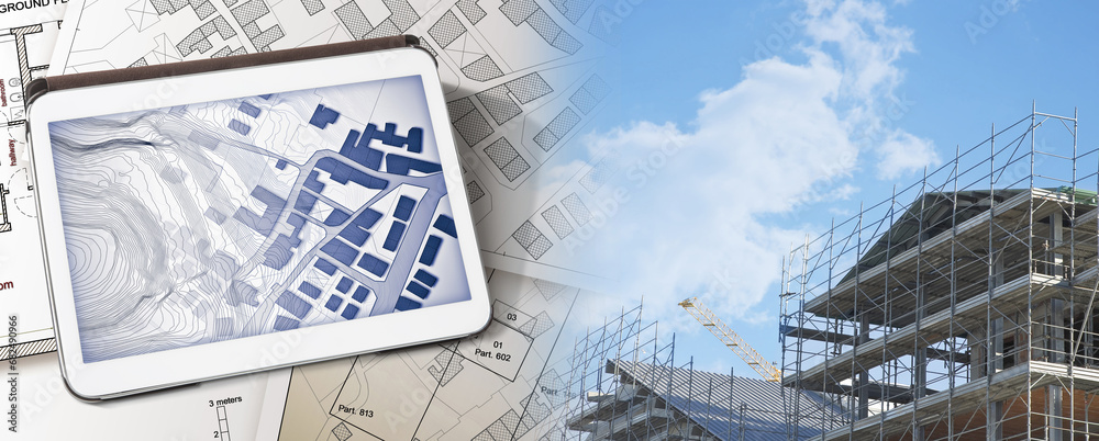 Renovation of a residential building with a metal scaffolding in a ...