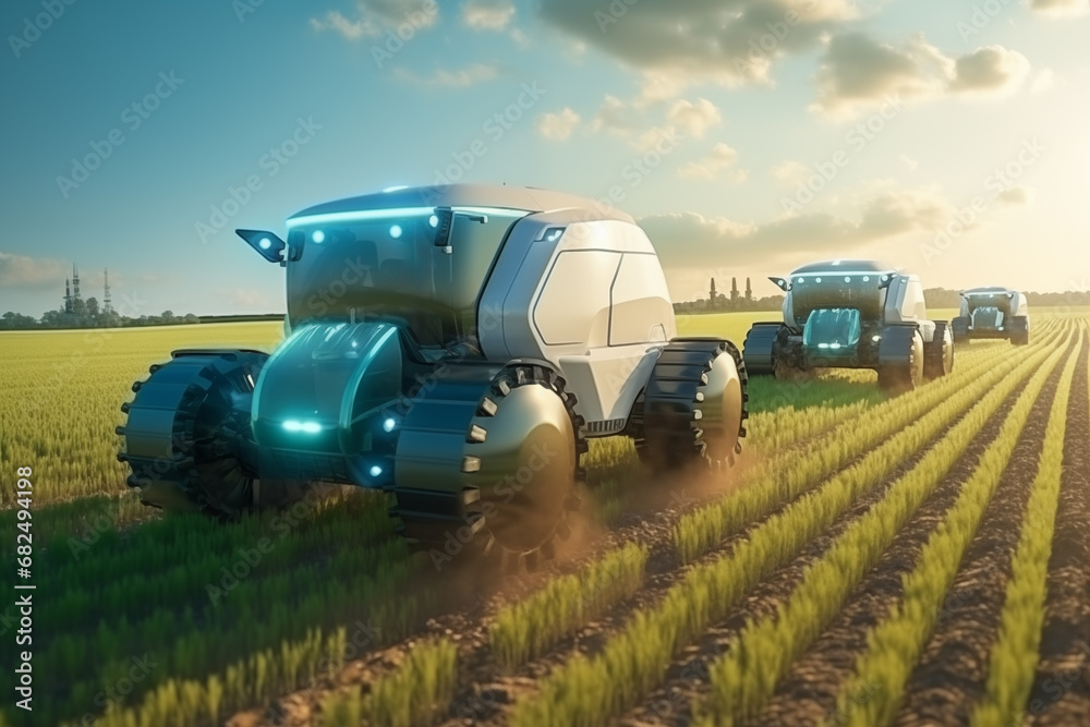 Autonomous tractors working in an agricultural field. Using artificial ...