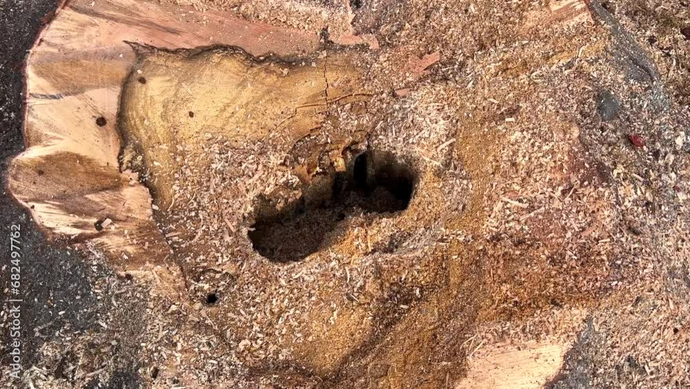 4K HD video zooming in on hole in base of trunk, cross section after ...