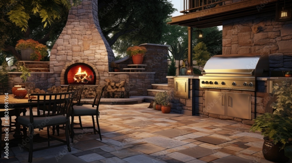 a stone patio with an outdoor kitchen for outdoor parties in a ...
