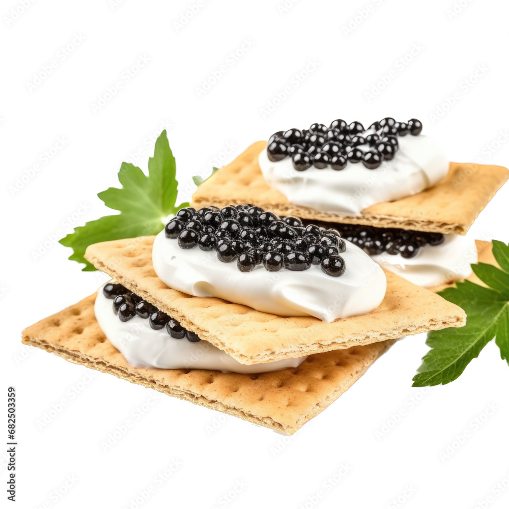 a Caviar on cream and crackers in a side view, PNG, in a Hors d' oeuvre ...