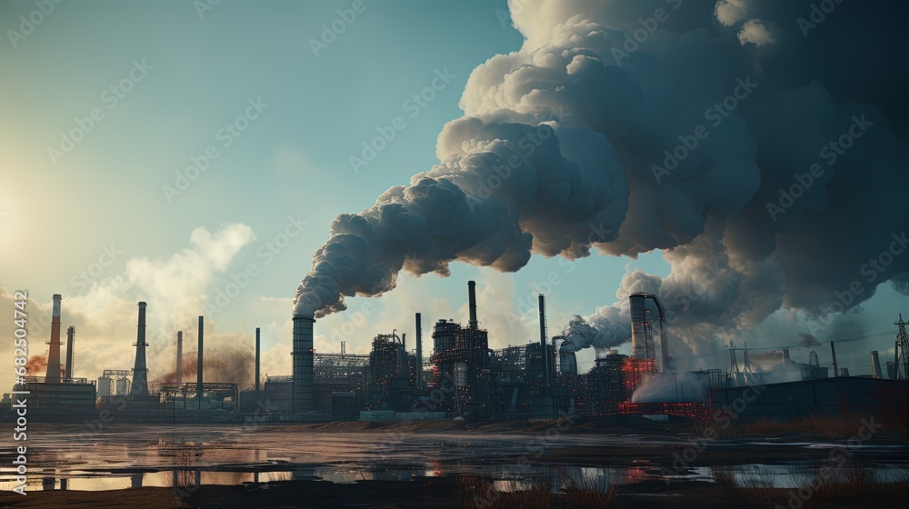 Working oil refinery. Smoke from the factory chimney. Ecological ...