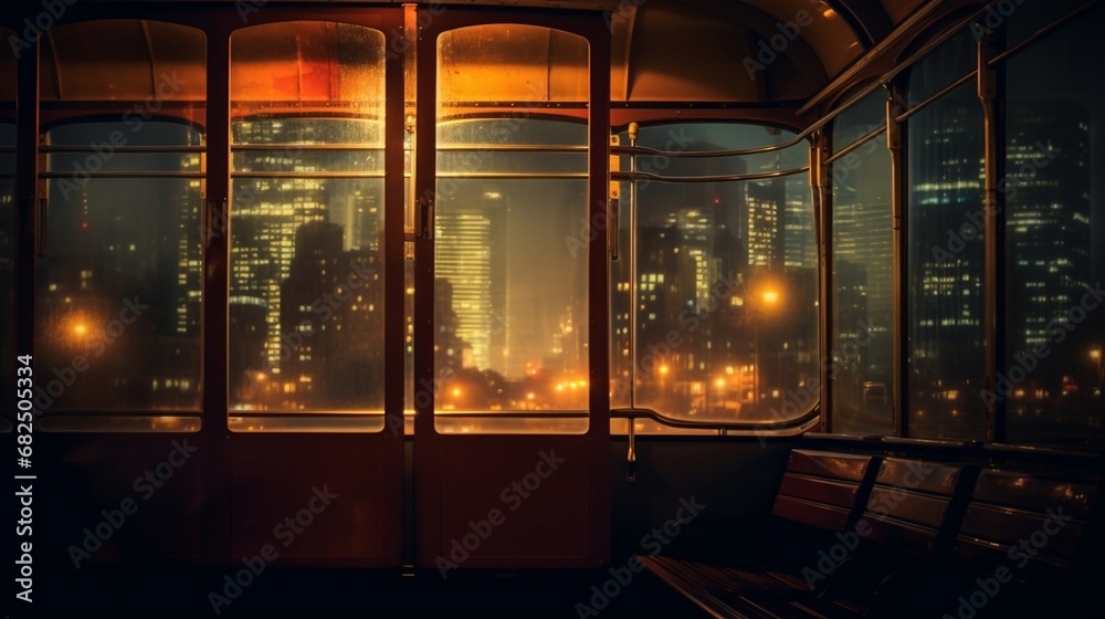an image of city lights through the window of a vintage trolley Stock ...