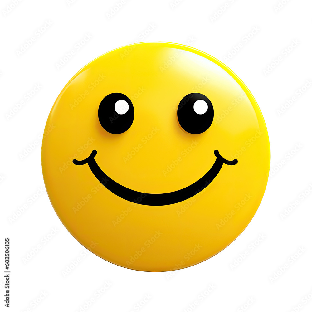 a yellow smiley face button, classic happy face, front view in an ...