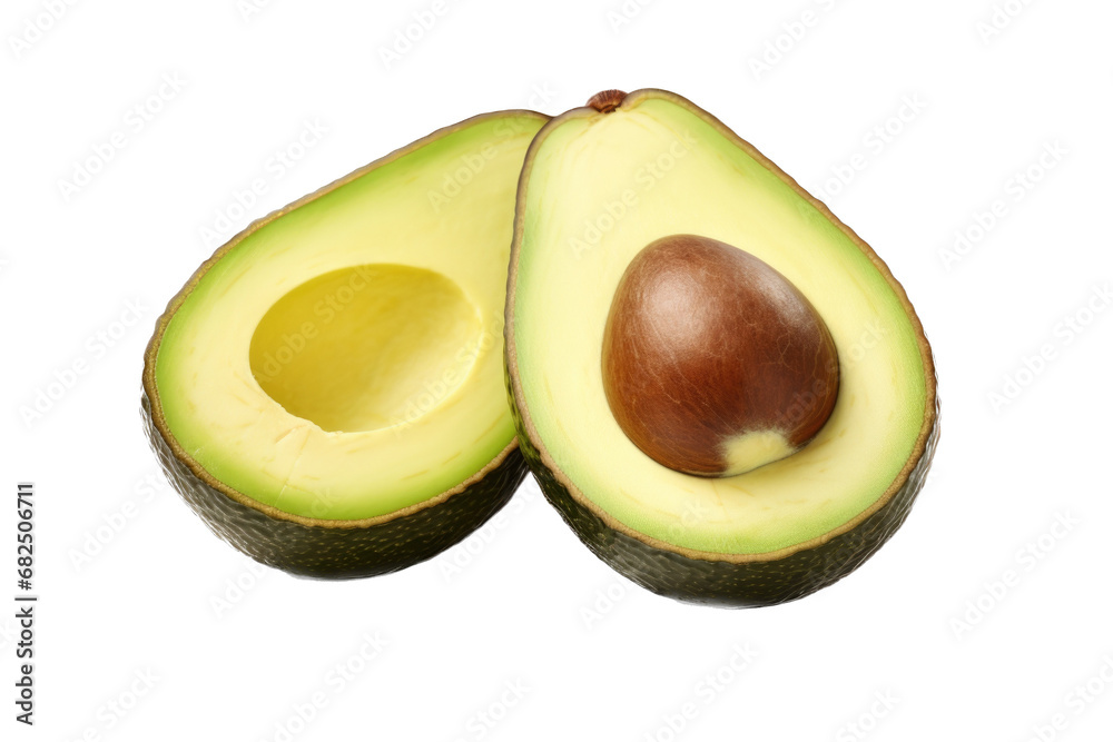 an Avacado sliced in half with seed showing, front view, PNG, in a ...
