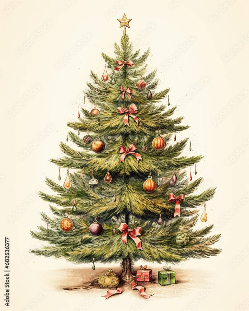 Vintage Christmas Tree Illustration with Bows, Ornaments, Garland, and ...