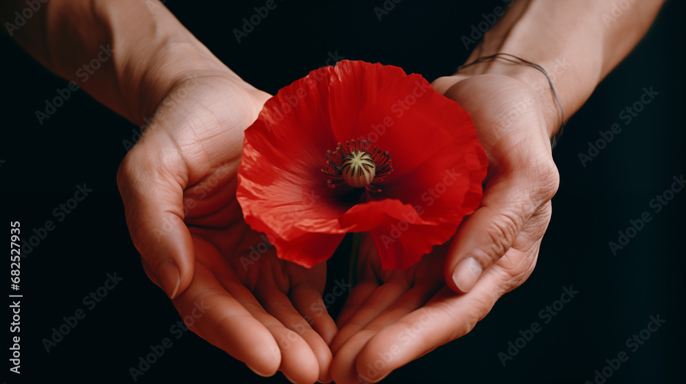 Red poppy in the hands of a man on a light background. Memorial Day ...