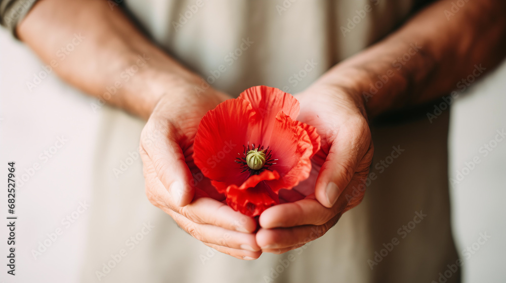 Red poppy in the hands of a man on a light background. Memorial Day ...