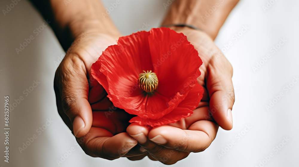 Red poppy in the hands of a man on a light background. Memorial Day ...