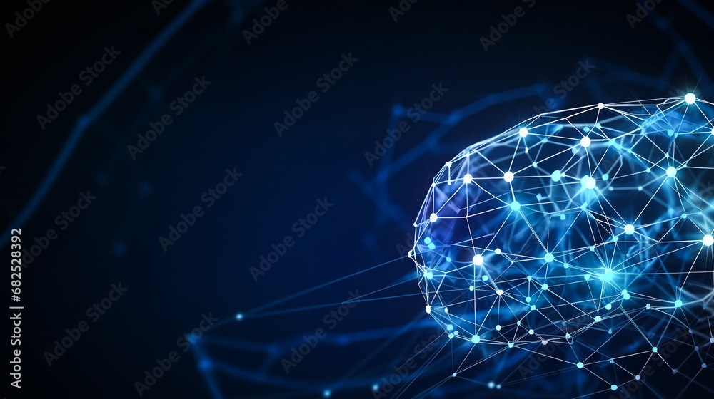 Image of human brain with neural network and nodes on blue background ...