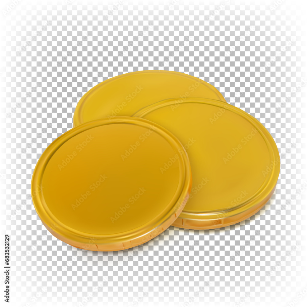 Three vector 3D realistic chocolate coins in a gold wrapper lie on the ...