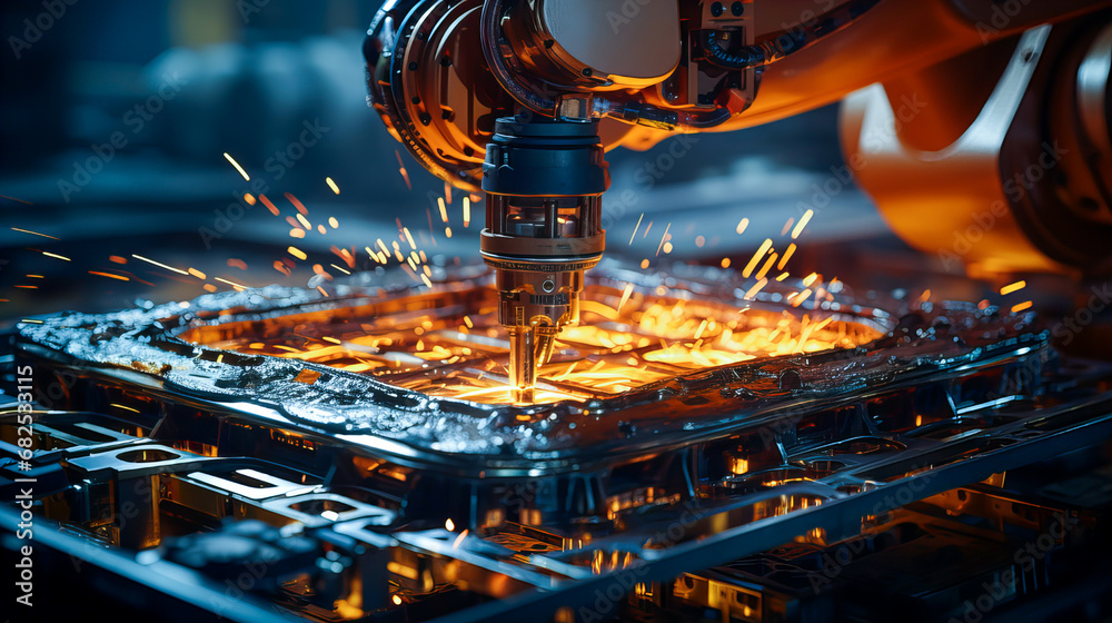 The CNC milling machine cutting the metal part with the sparking light ...