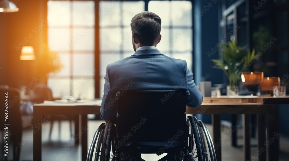 physically challenged man is occupying a wheelchair at the office desk ...