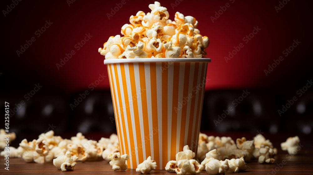 Popcorn in red and white cardboard box is shaking, popcorn spreading ...