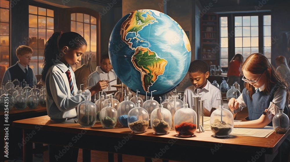 Showcase a classroom scene with students of various backgrounds working ...