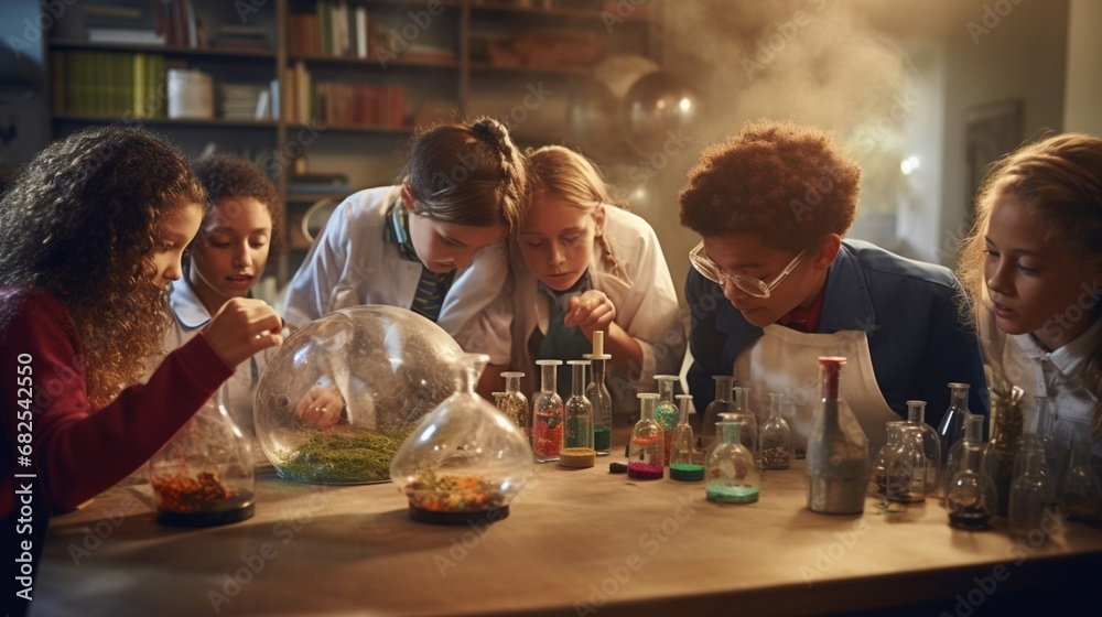 Showcase a classroom scene with students of various backgrounds working ...