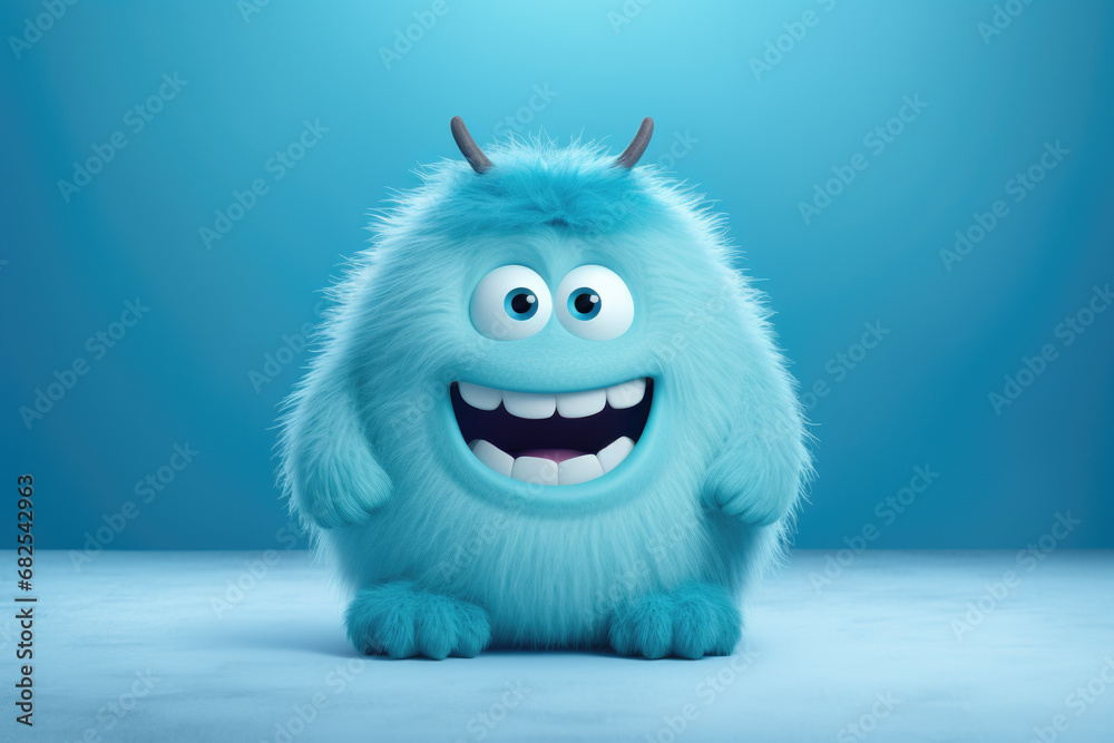 Blue furry monster sits on top of snow-covered ground. This image can ...
