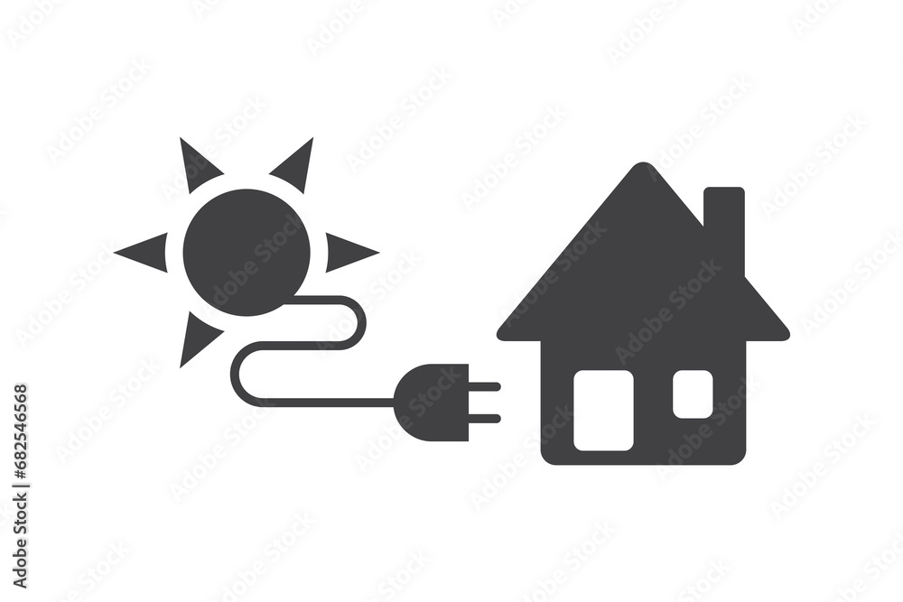 Solar energy symbol with house icon, black isolated on white background ...