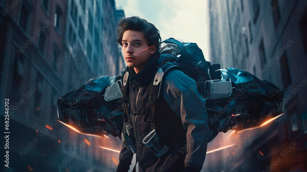 Young jetpack man courier messenger is ready to fly. Delivering online ...